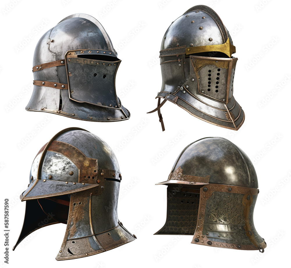 A collection of four different medieval helmets of warriors and knights ...