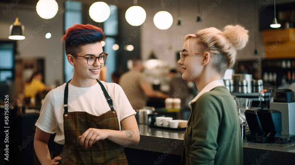 female barista with a 20 year old customer happy talk in the coffee ...