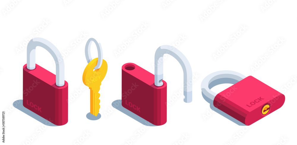 isometric vector illustration isolated on white background, locks and key icons set, closed and ...