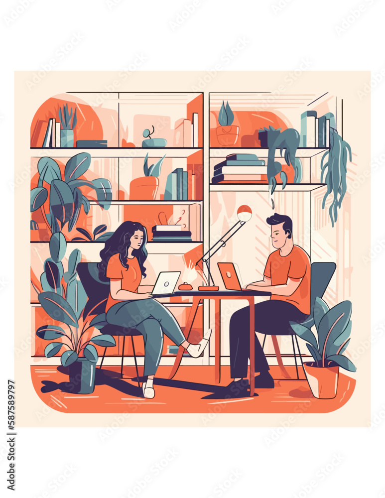 Illustration of men and women working at home with a laptop. Stock ...