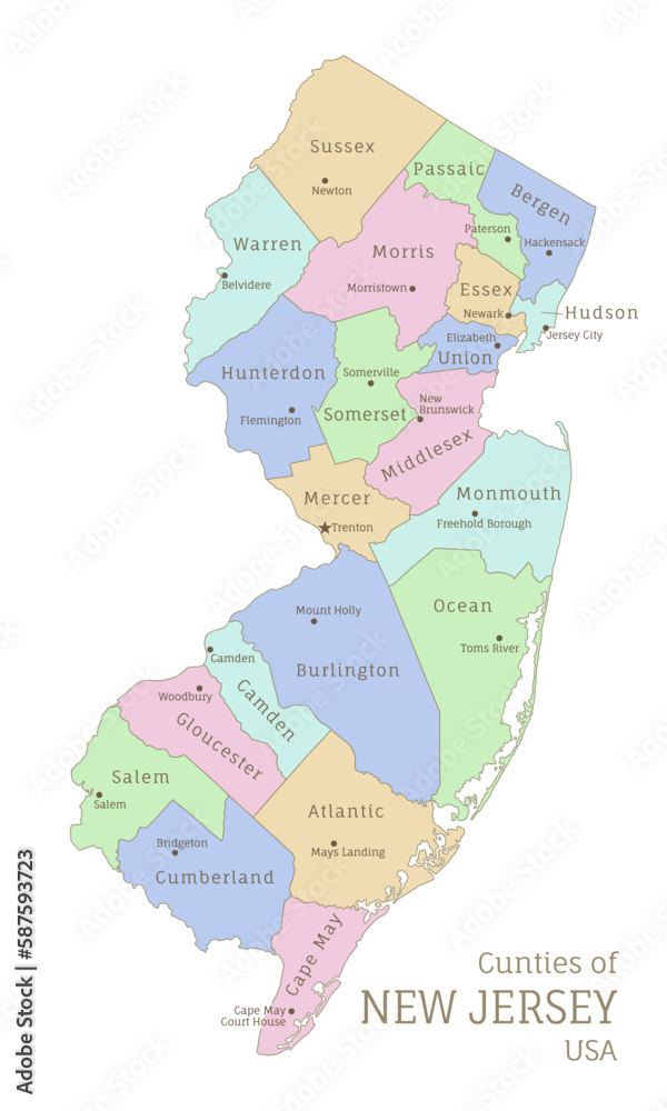 Counties of New Jersey administrative map of USA federal state. Highly ...