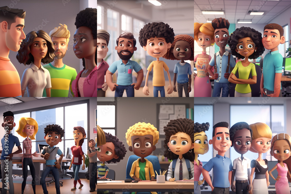 Diverse 3D Characters Engaging in Creative Collaboration at a School ...