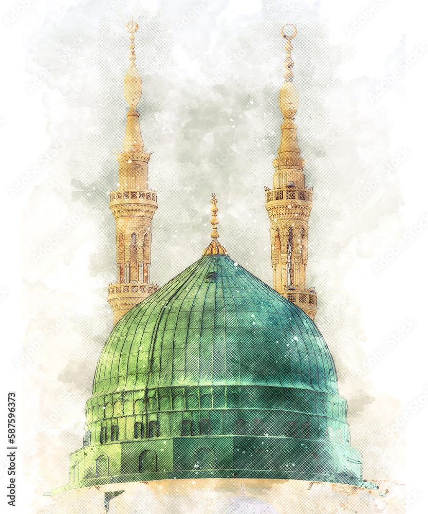 watercolor painting of a green mosque with a green dome, medina. Stock ...