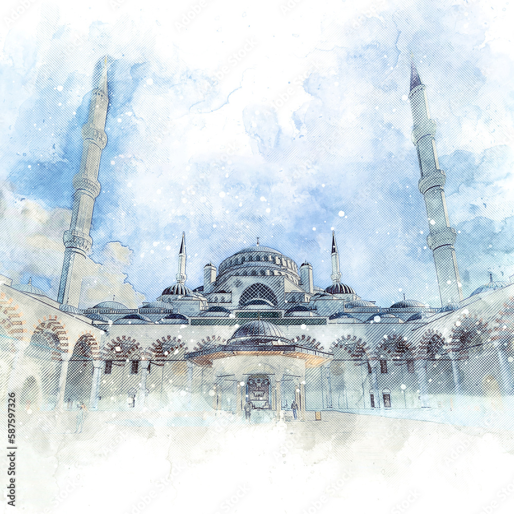 watercolor painting of blue mosque, the camlica mosque hall, Istanbul ...