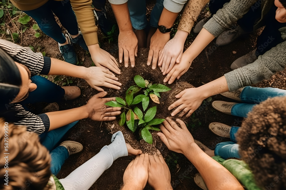Multinational people worked together on the greening of the planet ...