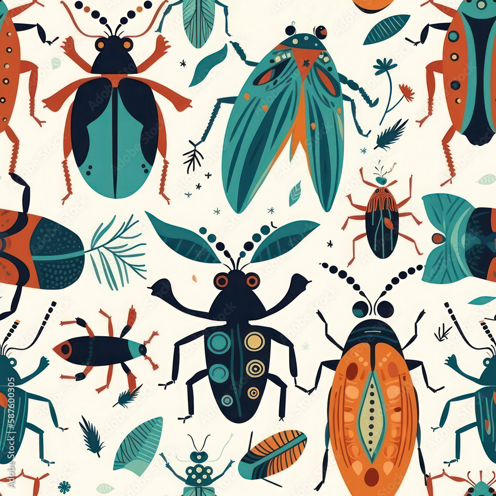 Beetle and bug seamless pattern. Various types of AI generated insects ...