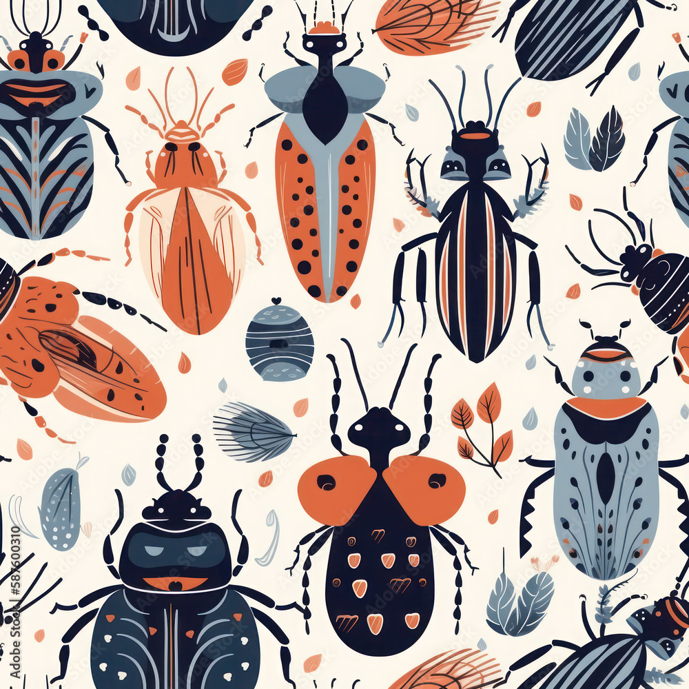 Beetle and bug seamless pattern. Various types of AI generated insects ...