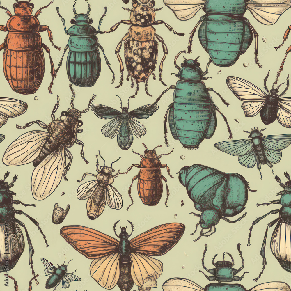 Beetle and bug seamless pattern. Various types of AI generated insects ...