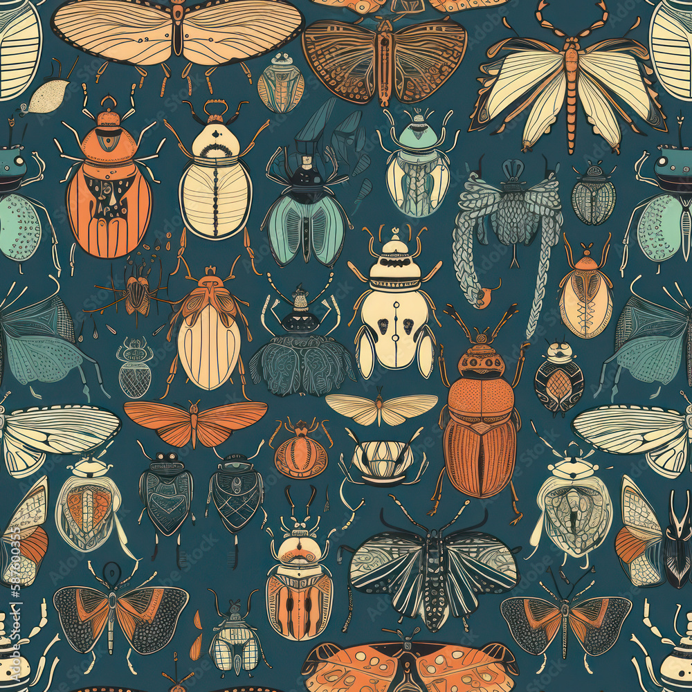 Beetle and bug seamless pattern. Various types of AI generated insects ...