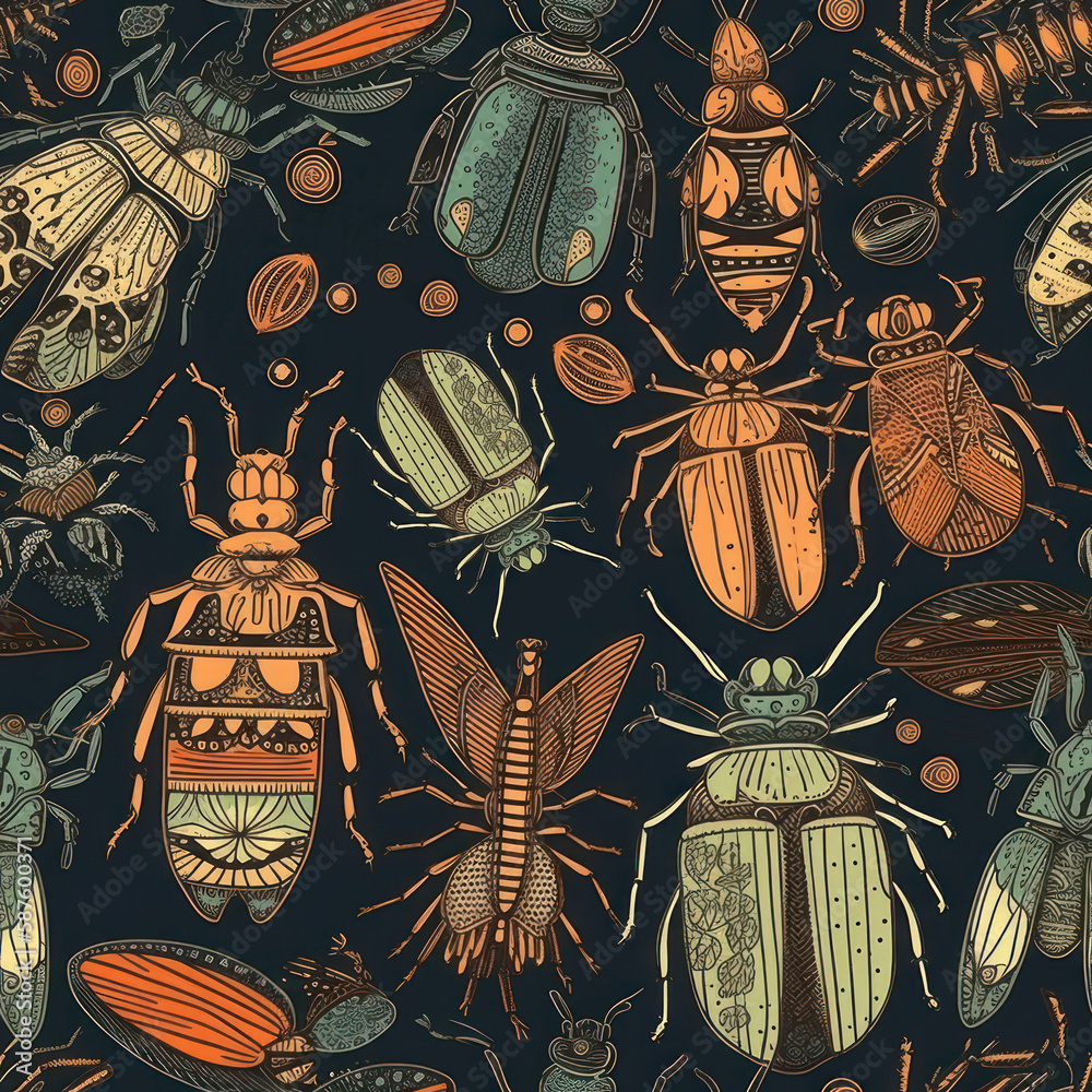Beetle and bug seamless pattern. Various types of AI generated insects ...