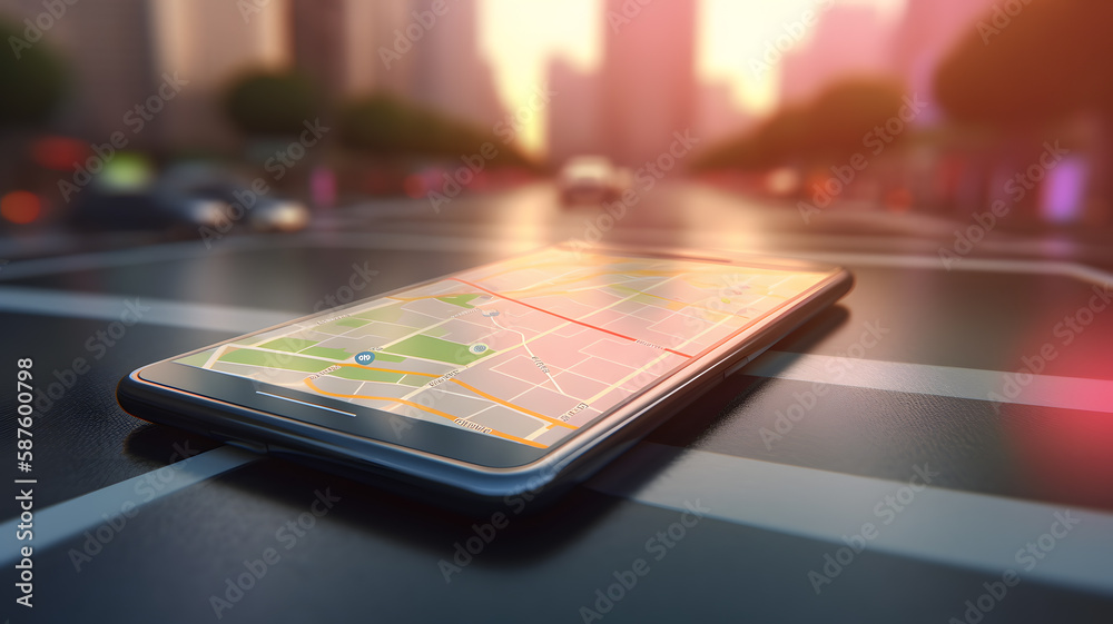 Detailed close-up of hyper-realistic mobile map on phone, captured in ...