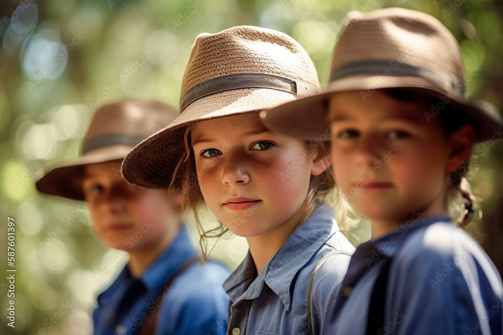 School children outdoors, wearing their uniform and sun hats. Stock ...