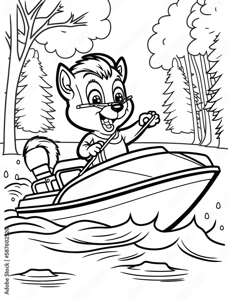 Squirrel water skiing behind a speedboat. Coloring page, 2D, simple ...