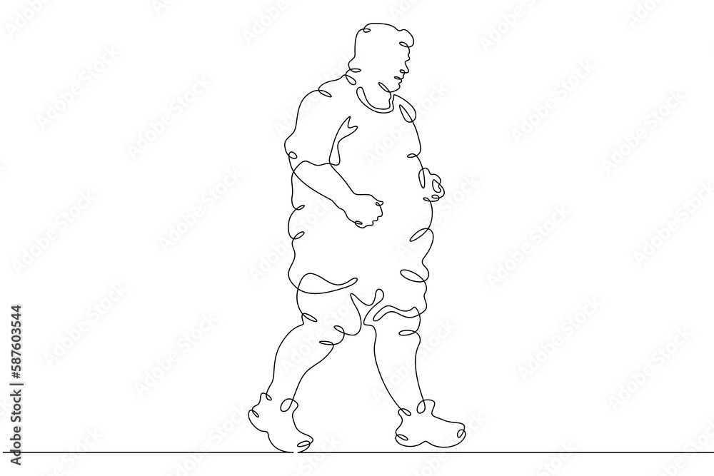 One continuous line. Fat man goes in for sports. Fatty runs on a run ...