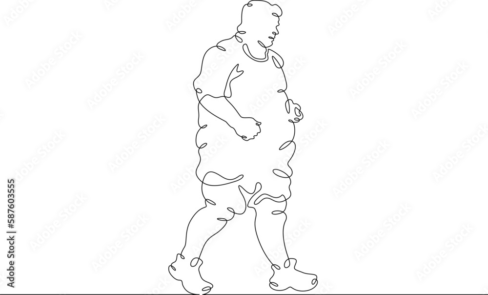 One continuous line. Fat man goes in for sports. Fatty runs on a run ...