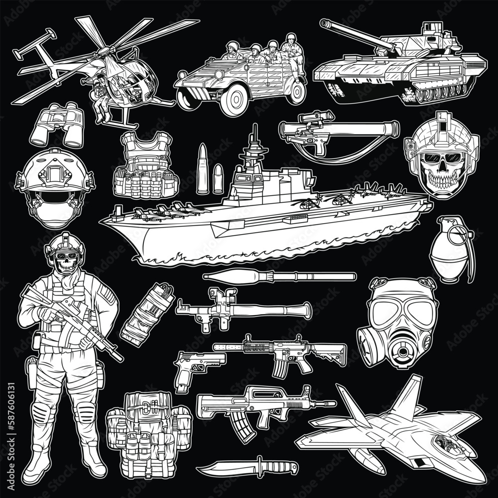 Army Pack Black and White Illustration Stock Vector | Adobe Stock