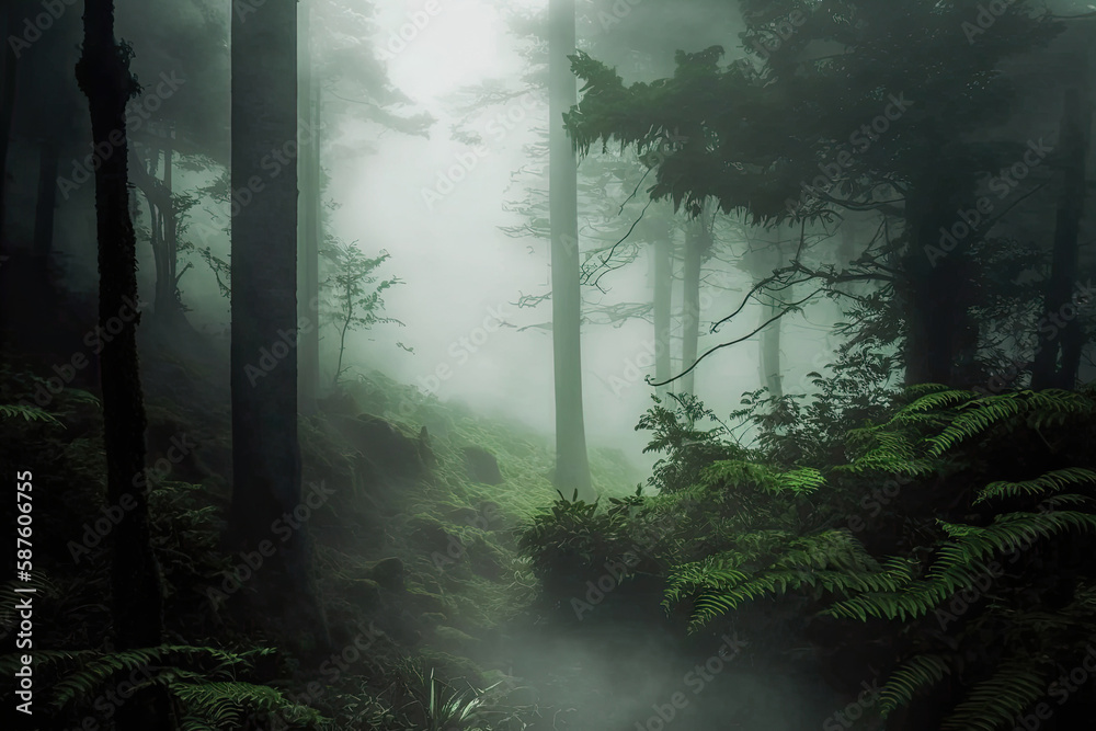 Dark rainforest sun rays through trees with dense fog digital ...