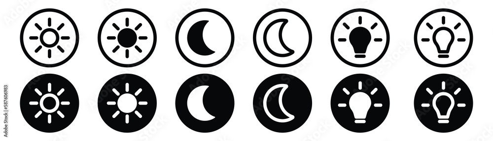 Mobile apps or website screen brightness icon set. Day and night mode ...