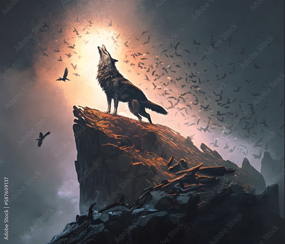 howling wolf on rock with bird flying around, illustration painting ...