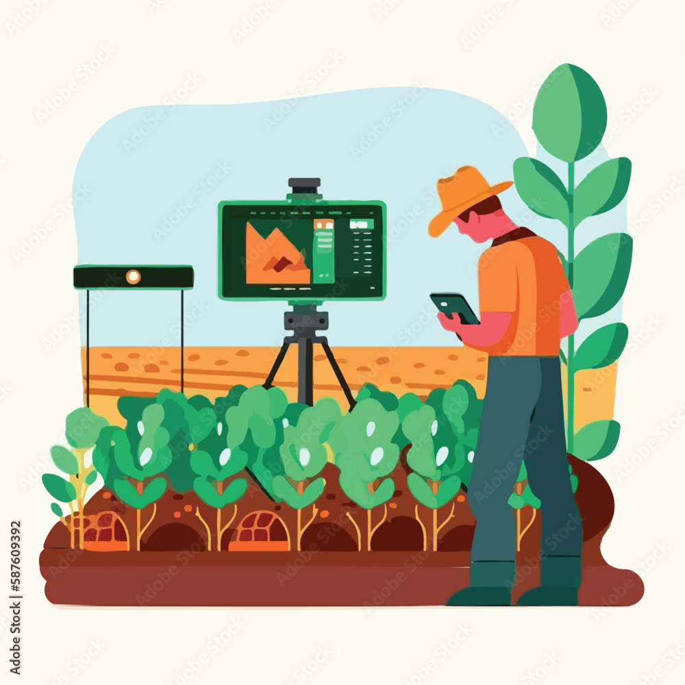 Farmer uses AI or Artificial Intelligence for agriculture monitoring ...