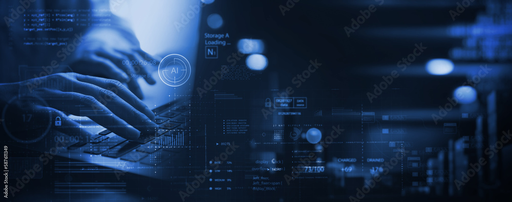 Data science, digital technology, big data management concept. Computer programming coding ...