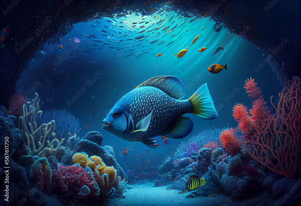 Underwater world: an underwater scene with fish and other sea creatures ...