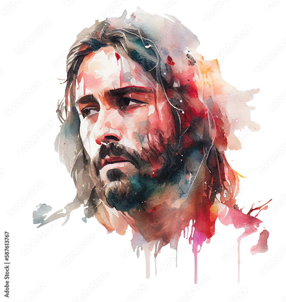 Watercolor drawing Jesus Christ. Dark and red colors. Savior for people ...