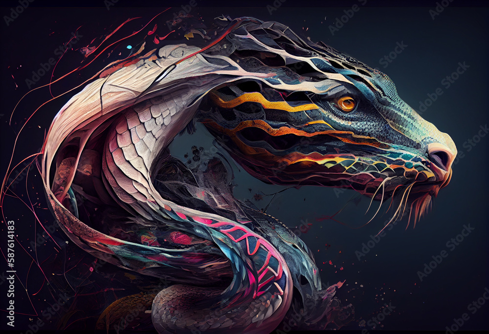 An abstract, surrealist portrait of a South American rattlesnakes ...