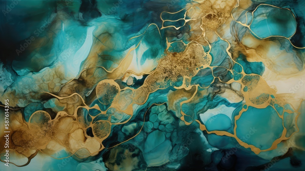 Alcohol ink background in shades of teal and gold, with a unique and ...