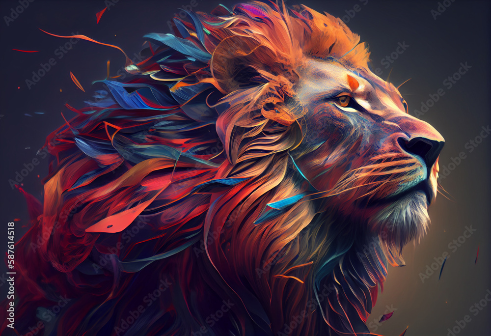 An abstract, surrealist portrait of a Lion, featuring exaggerated ...