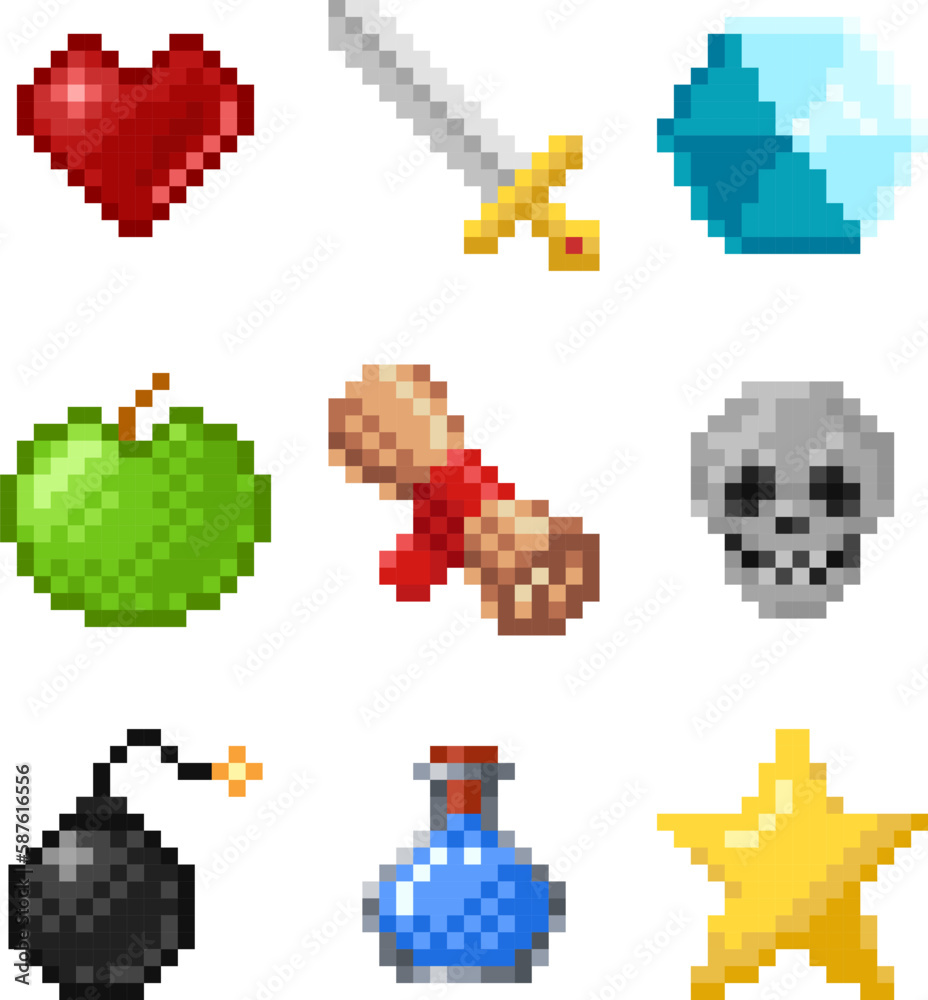 Set Of Pixel Art Objects Retro Game 8 Bit Style Icons Collection
