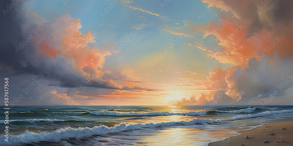 Oil painting illustration depicting a serene scene, sunset at a beautiful beach, clouds in the ...
