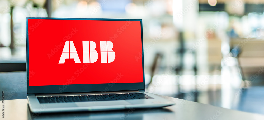 Laptop displaying logo of ABB Stock Photo | Adobe Stock