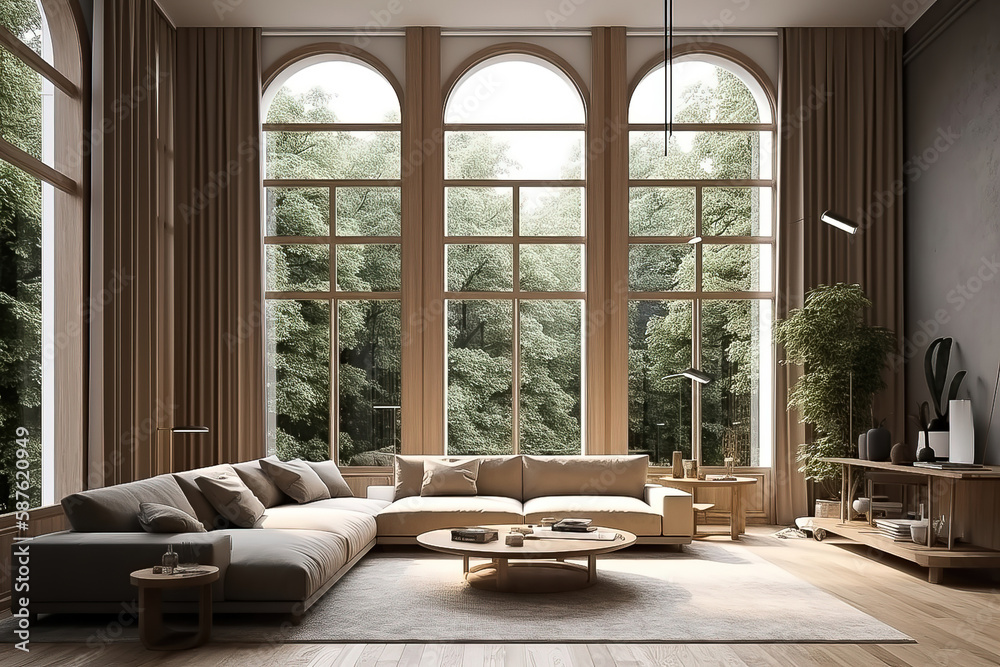 Elegant modern villa living room with wooden high ceiling and full ...