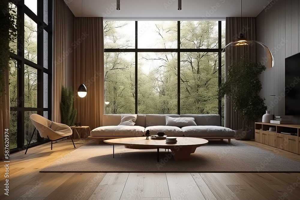 Elegant modern villa living room with wooden high ceiling and full ...