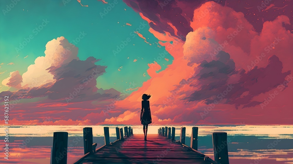 beautiful scenery of the woman standing alone on a wooden pier looking ...