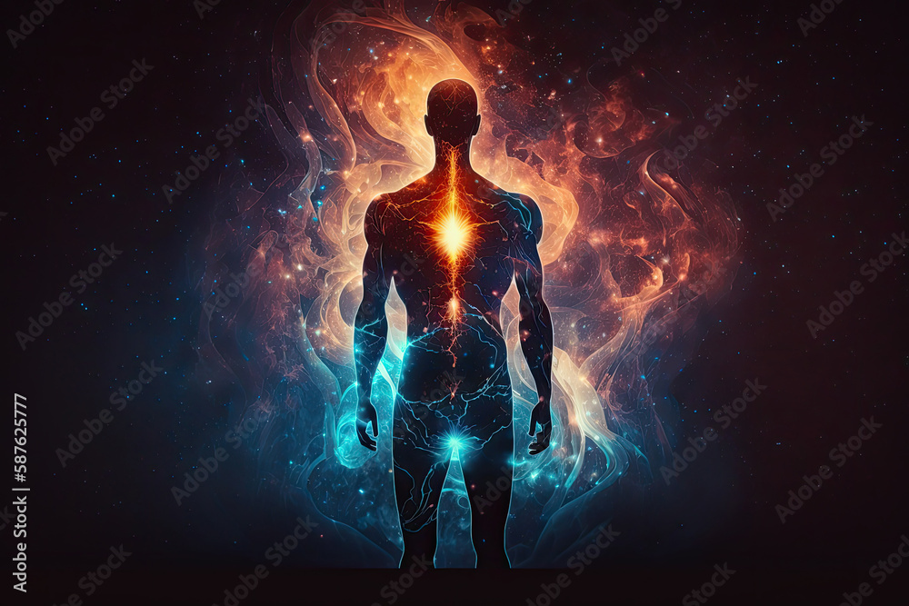 Сyber space concept of glowing astral body silhouette neural network AI ...