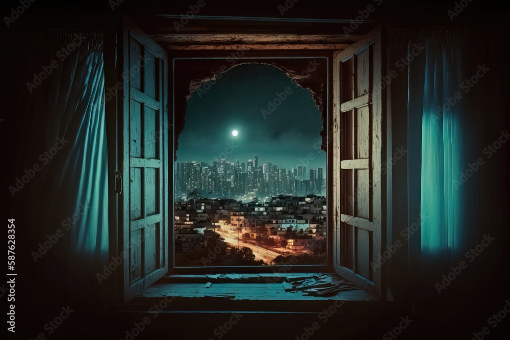 View through old window in shabby room of a city at night. AI generated ...