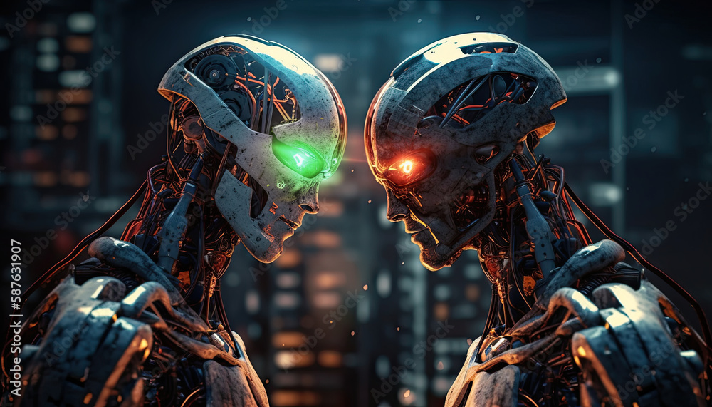 3d rendering representing artificial intelligence development war. two ai robots facing each ...