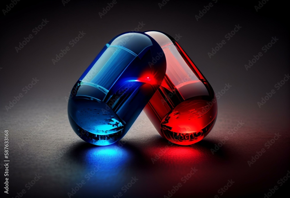 Two medical pills from the matrix, red and blue drug gel capsules ...