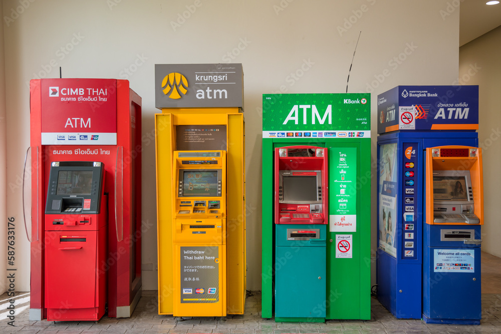 Automated Teller Machines (ATM) money service different colors and ...