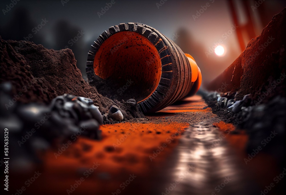 Concept of road works and underground pipes renovation, new orange pvc ...