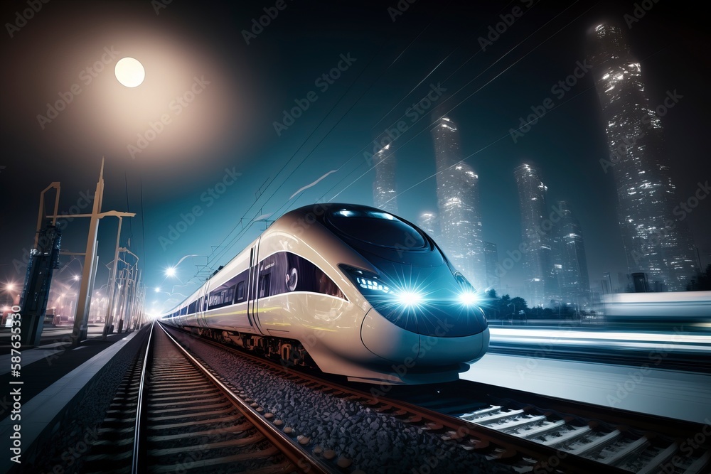 High speed rail shuttles on urban railways at night.AI technology ...