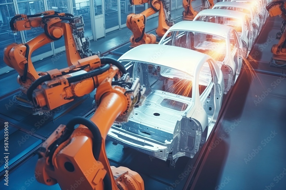 The robot arm of the car manufacturing line is welding the car.AI ...
