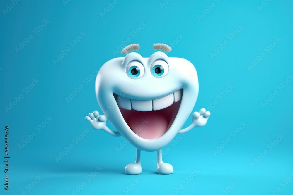 3d character of molar tooth with happy smile and eyes, blue studio ...