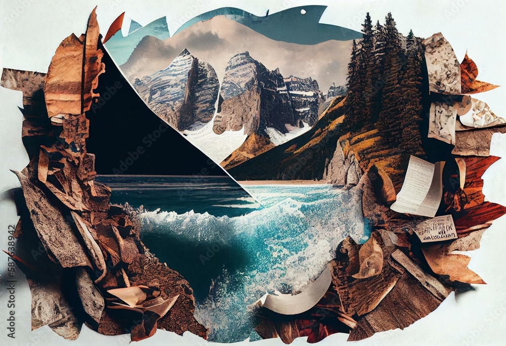 Surreal collage composition made fromf torn pieces of vintage magazines ...