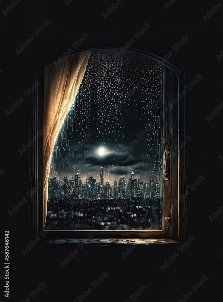 View through rain spotted darkened window of a city at night. Ai ...