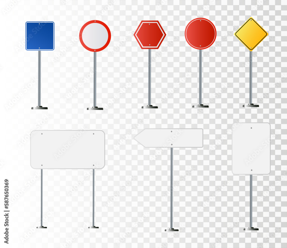 Road, traffic signs. Highway signboard on metal pole. Blank white board ...