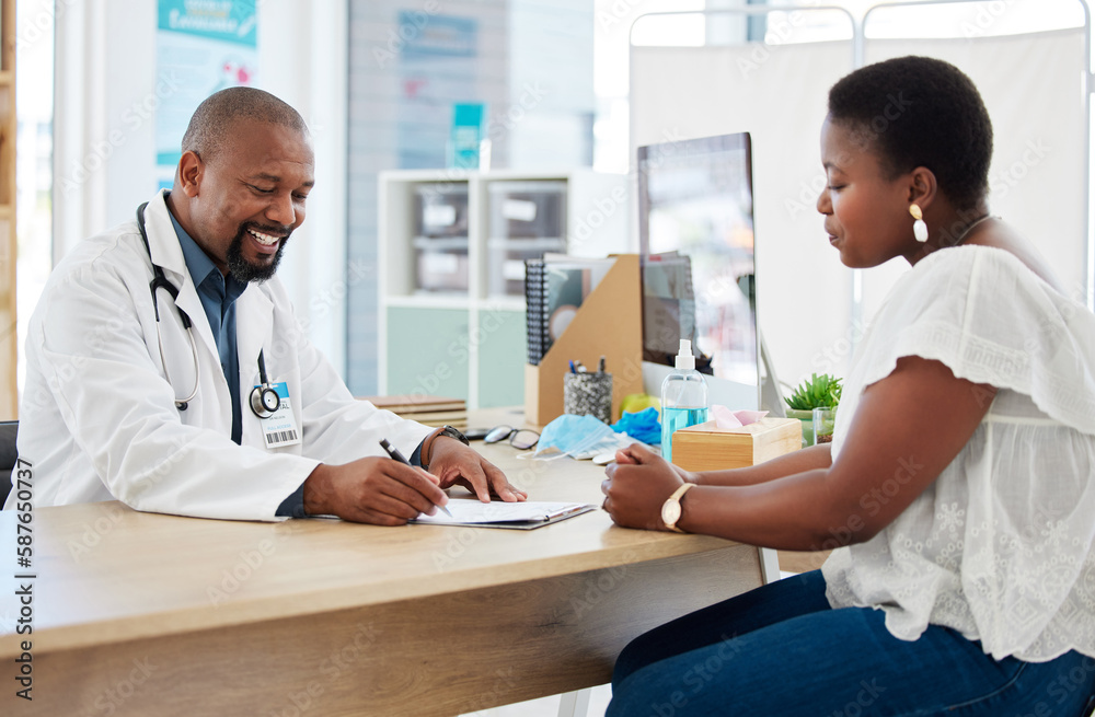 Doctor, writing on clipboard and consultation with black woman for ...