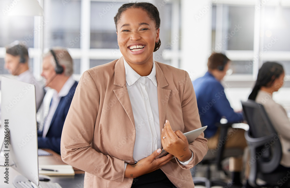Call center, black woman laugh and office team with collaboration and ...
